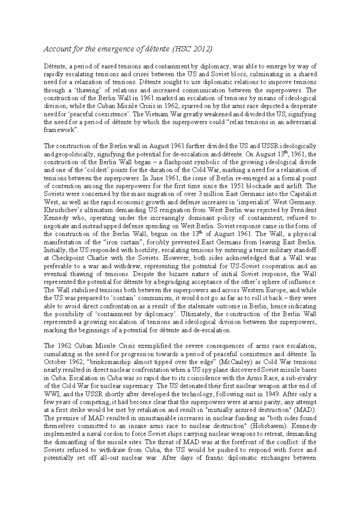 HSC 2012: Understanding the Emergence of Détente During the Cold War ...