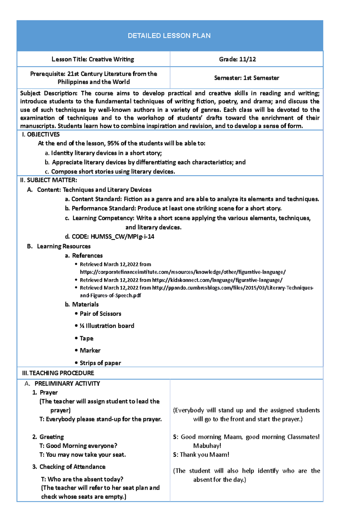 HUMSS_CW Detailed Lesson Plan on Creative Writing Techniques - Studocu