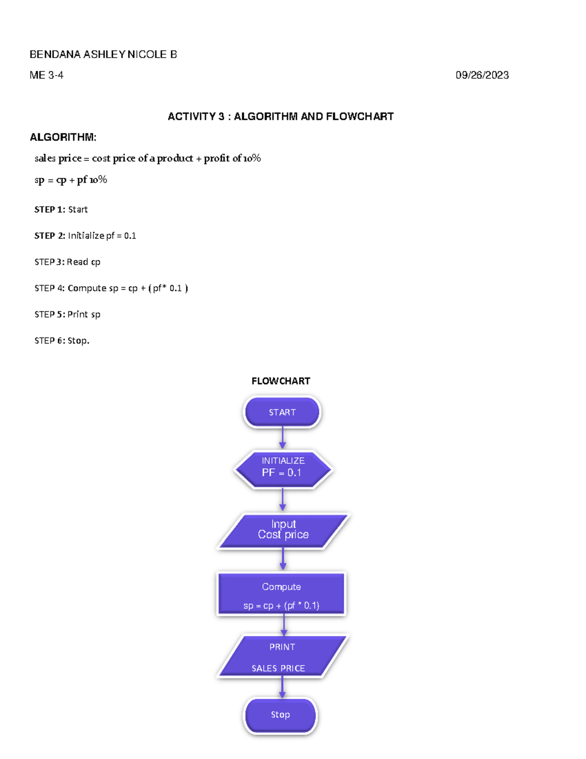 comprog activity 3 - BENDANA ASHLEY NICOLE B ME 3-4 09/26/ ACTIVITY 3 : ALGORITHM AND FLOWCHART ...