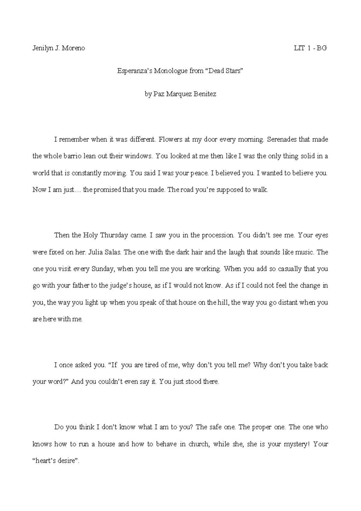 LIT 1 BG Final Exam: Esperanza's Monologue from The Dead Stars - Studocu