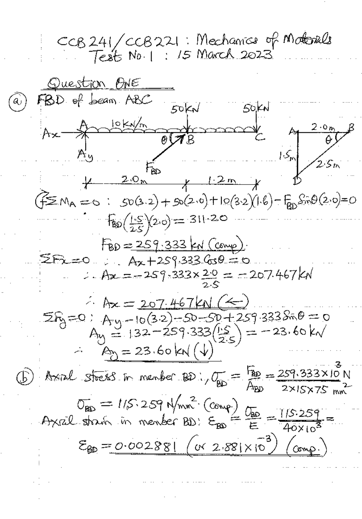 CCB 241 - Mechanics of Materials Test 1 Solutions - March 2023 - Studocu