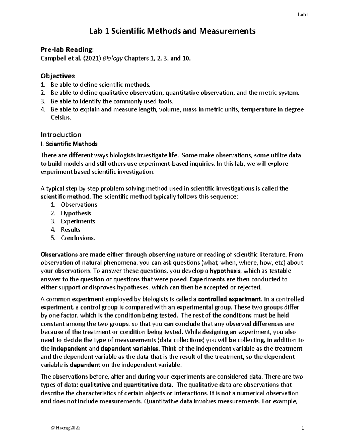Lab 1: Scientific Methods & Measurements in Biology (BIO 101) - Studocu