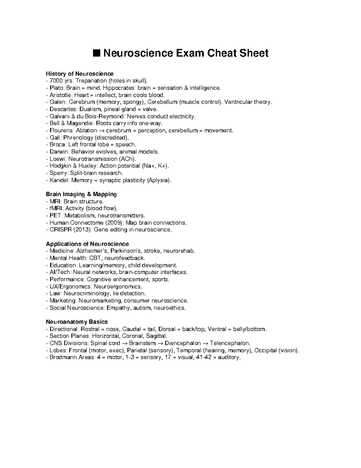 Neuroscience Exam Cheat Sheet: Key Concepts & Applications (NEU 101 ...