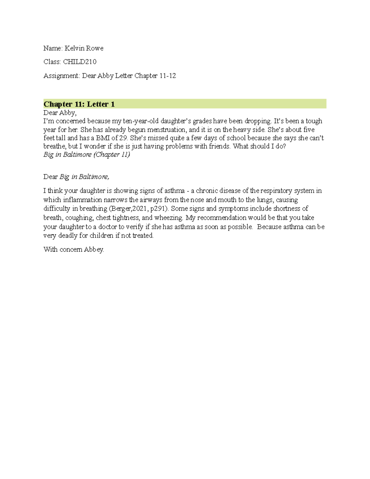 Assignment Dear Abby Letter Chapter 11-12 Kelvin Rowe - Name: Kelvin ...