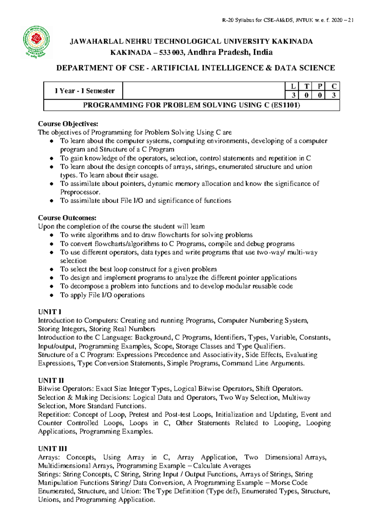 Syllabus for CSE-AI&DS: Programming for Problem Solving Using C (ES1101 ...