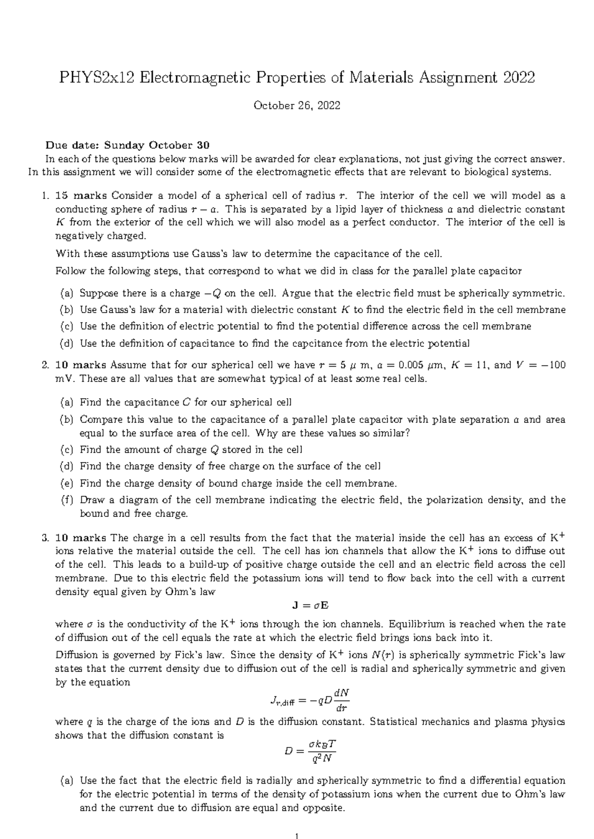 PHYS2x12 - Assignment 1 on Electromagnetic Properties of Matter - Studocu