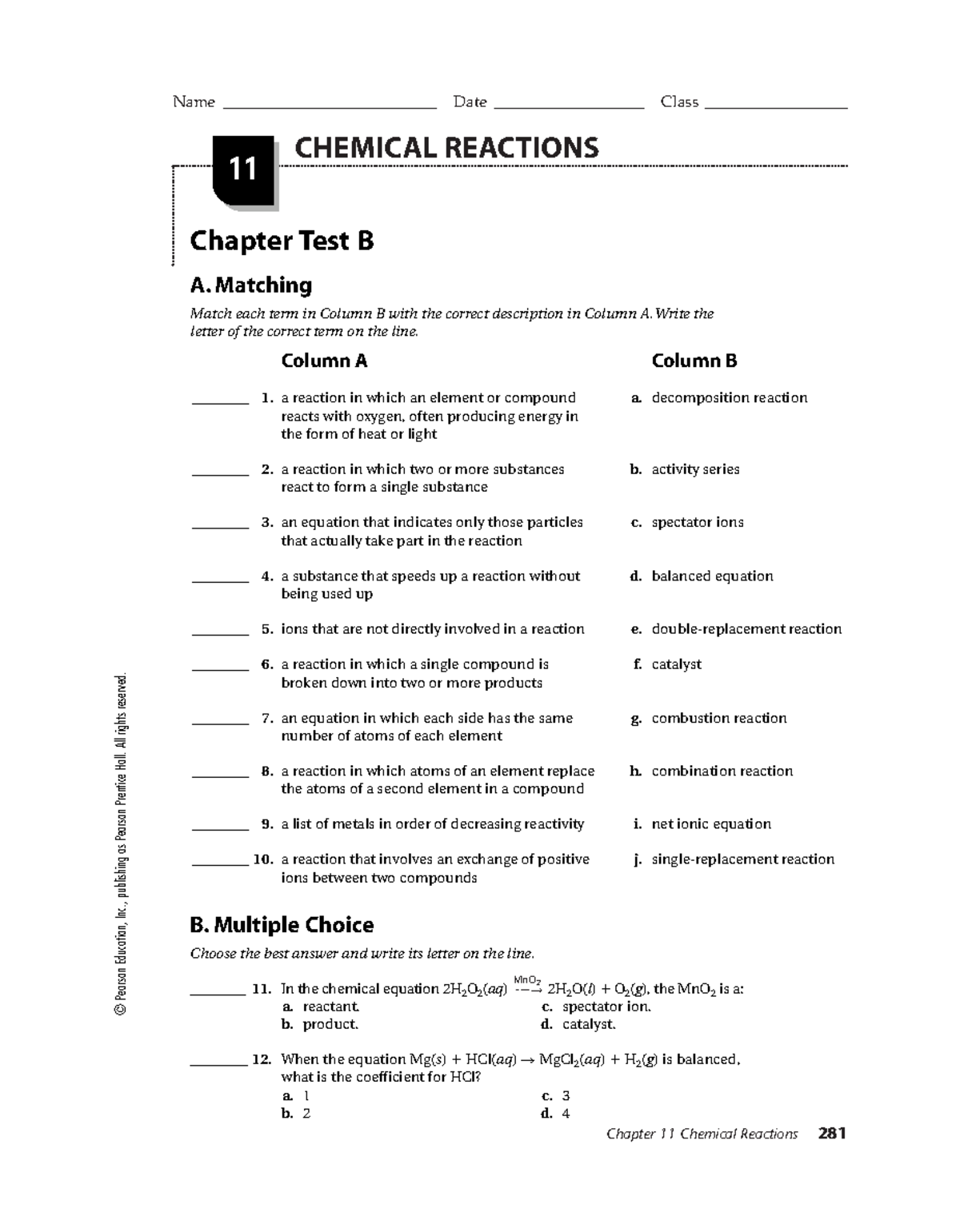 Chctb 11 - Chemical Equations and Reactions Review from Pearson - Studocu