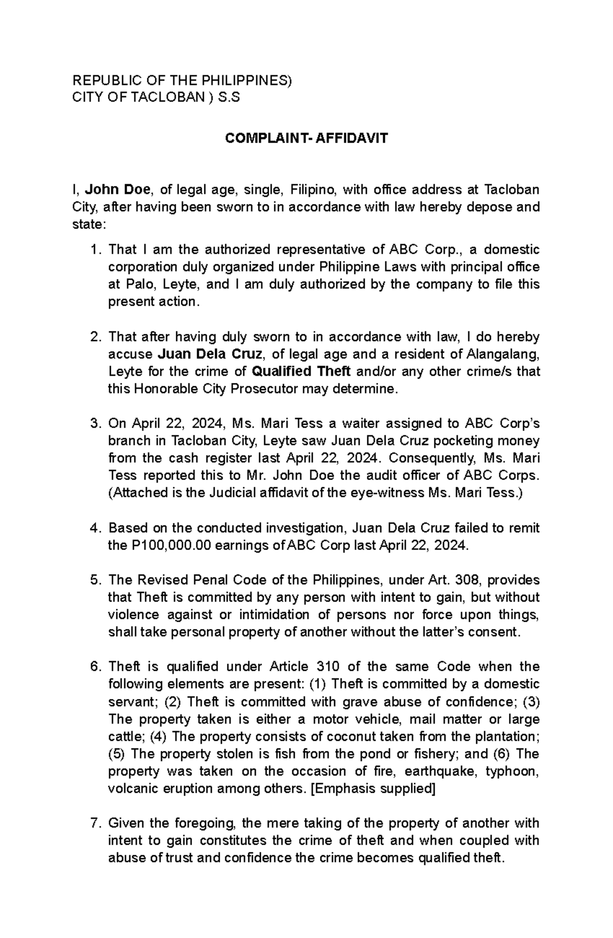 Complaint-Affidavit for Qualified Theft by Juan Dela Cruz - Studocu