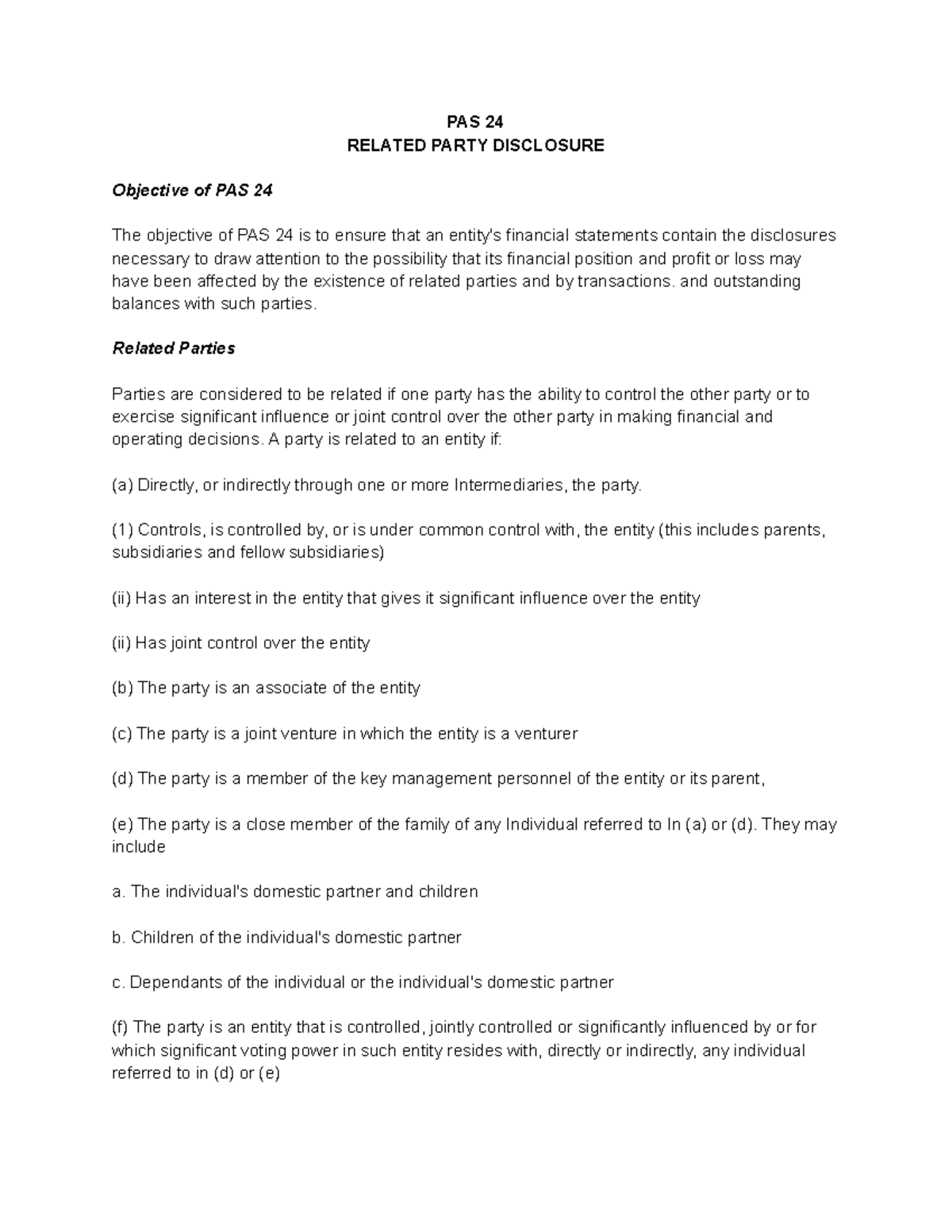 PAS 24 - Related Party Disclosure Notes and Objectives - Studocu