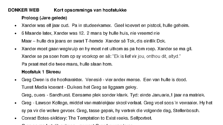 Donker Web: Hoofstuk Opsommings en Analise - Studocu