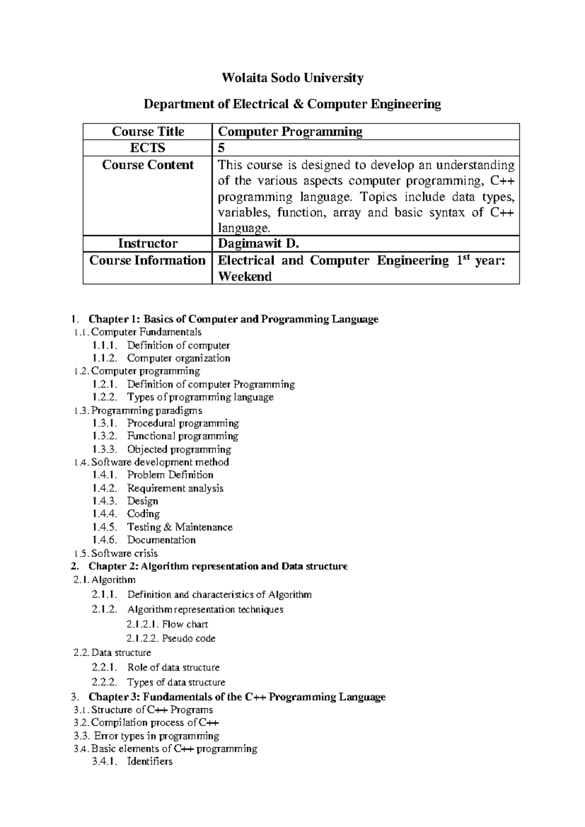 Computer Programming ECTS Course Content - Wolaita Sodo University ...