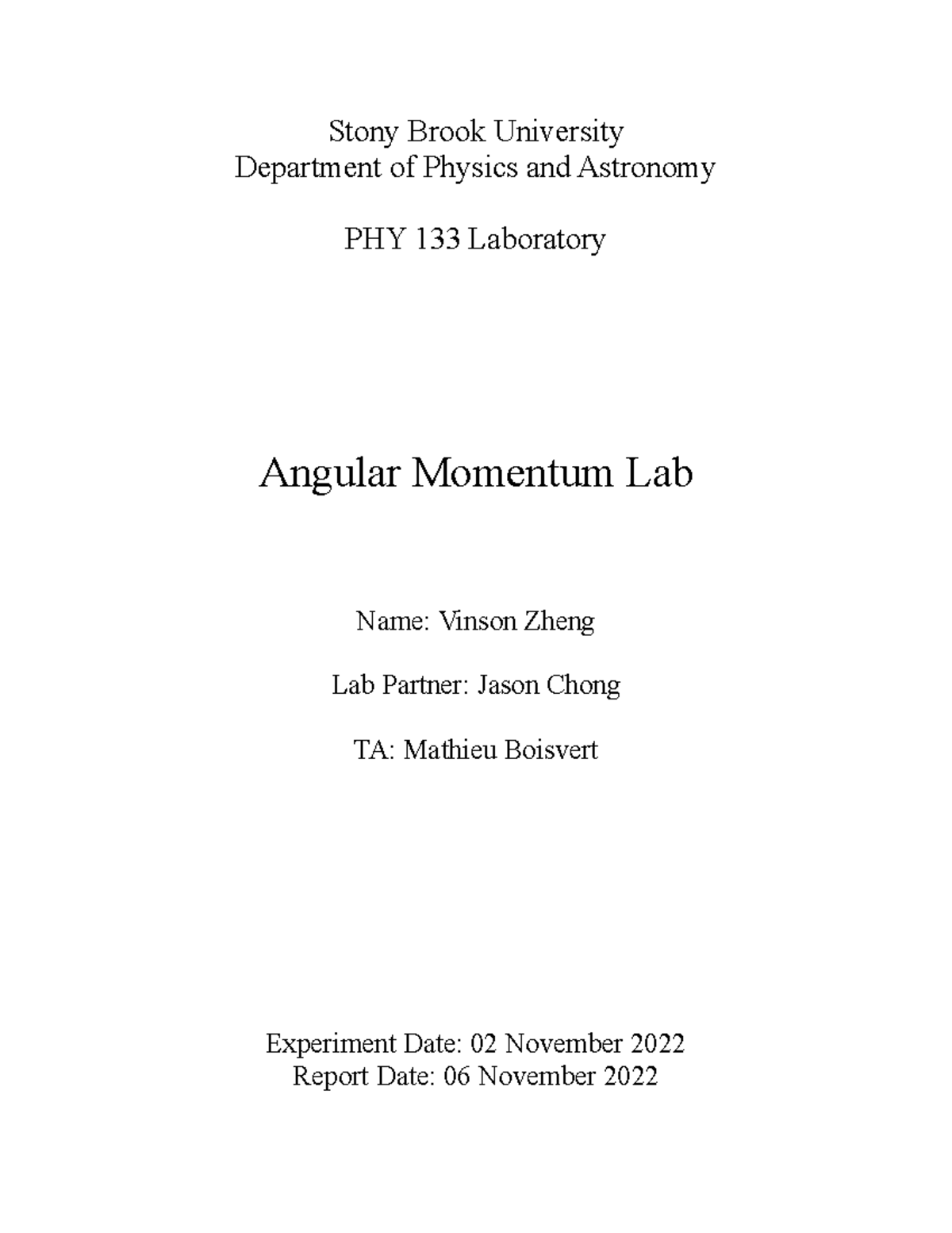 PHY 133 Angular Momentum Lab Report and Analysis - Studocu