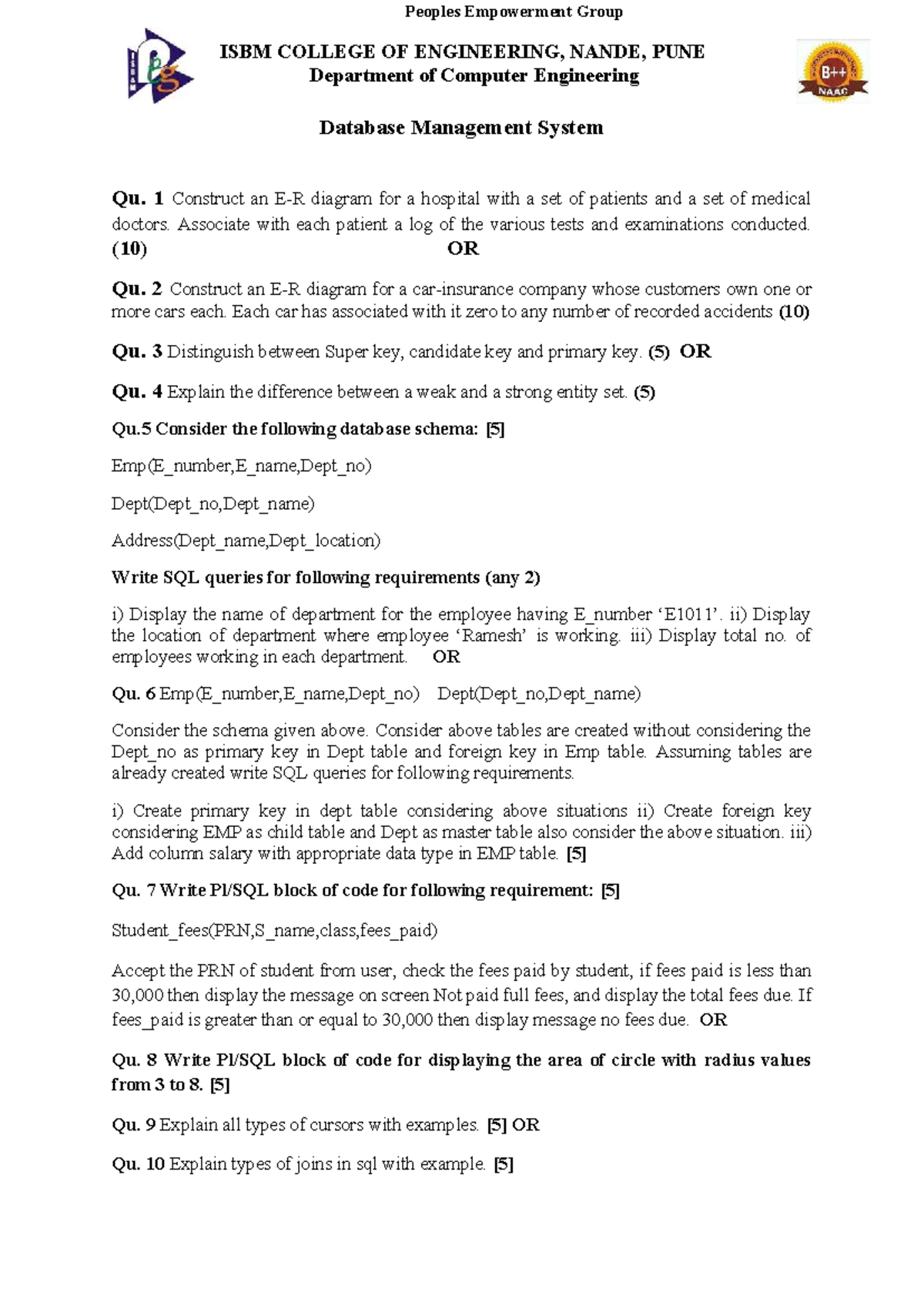 DBMS Question Bank - ISBM College of Engineering, Pune - Studocu