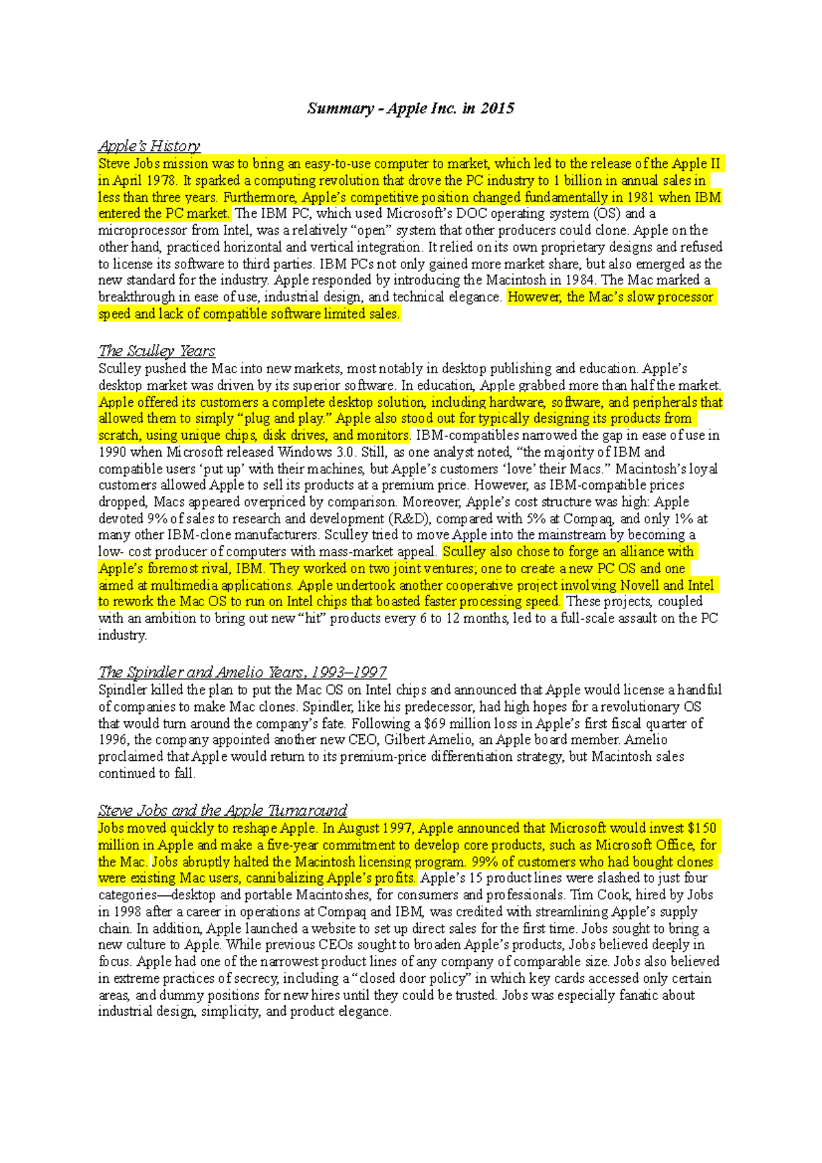 Lecture 1 - Summary of Case Study on Apple Inc. Strategies and ...