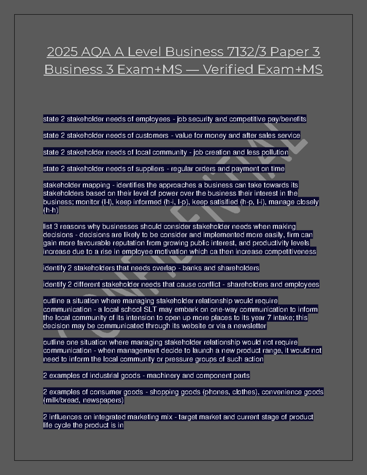 2025 AQA A Level Business 7132: Stakeholder Needs & Strategic ...