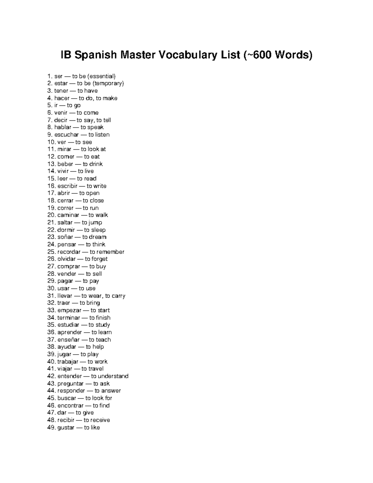 IB Spanish Master Vocabulary List (600 Words) - Studocu