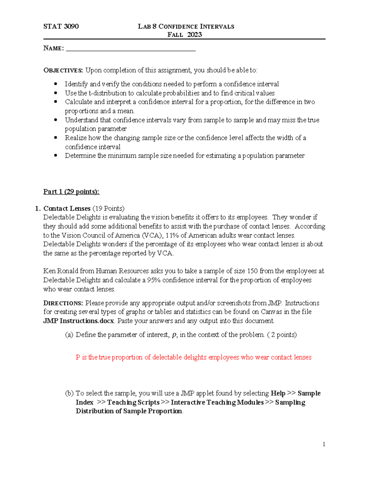 STAT 3090 Fall 2023 Section 8 Lab Activity: Confidence Intervals - Studocu