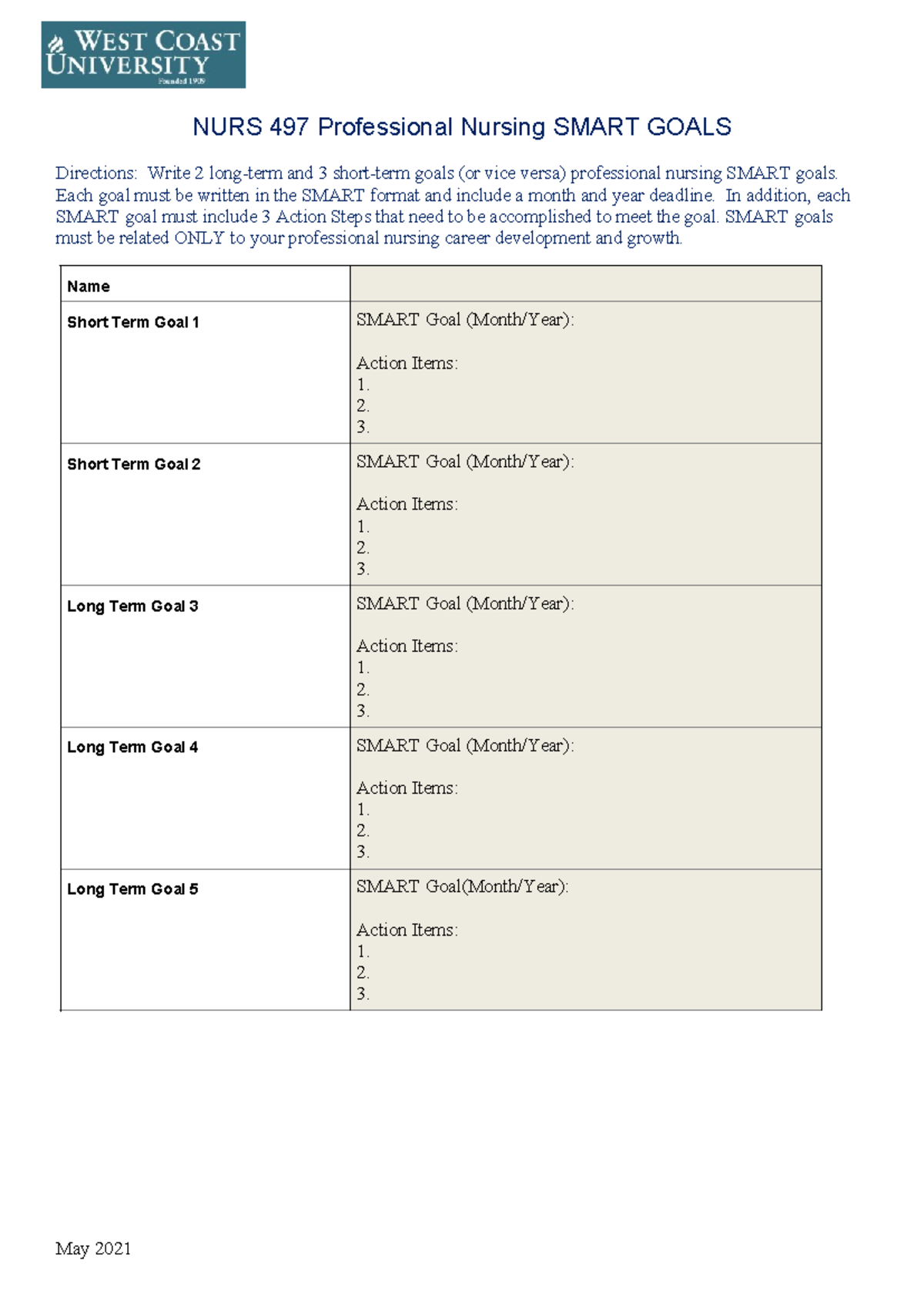 Smart Goals Template - NURS 497 Professional Nursing SMART GOALS Directions: Write 2 long-term ...