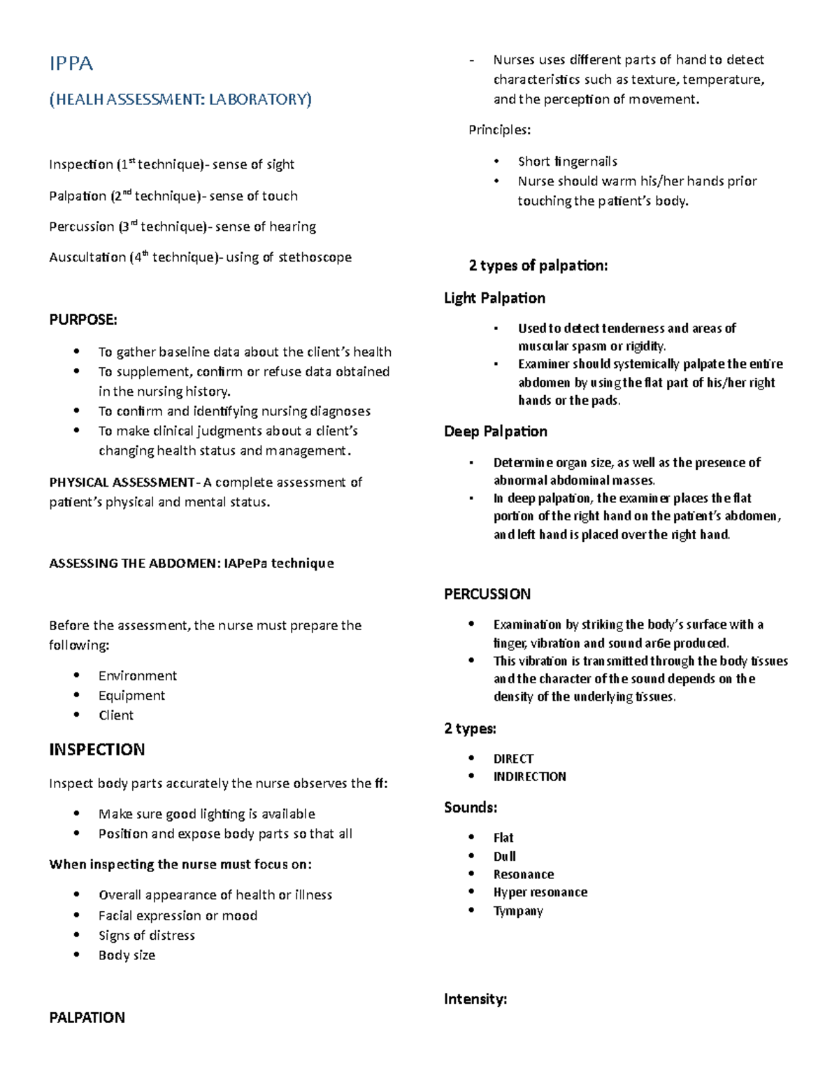 IPPA- Health Assessment Techniques: Review Notes - Studocu