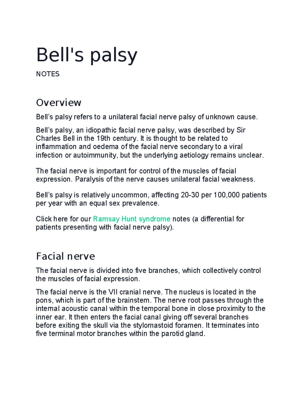Bell's Palsy - Key Notes and Clinical Insights - Studocu