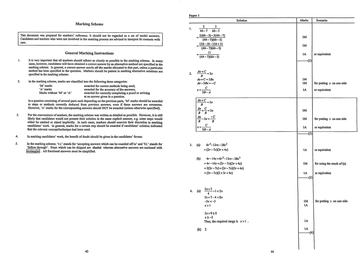 2024 DSE Paper 1 Marking Scheme & Solution Remarks Guide - Studocu
