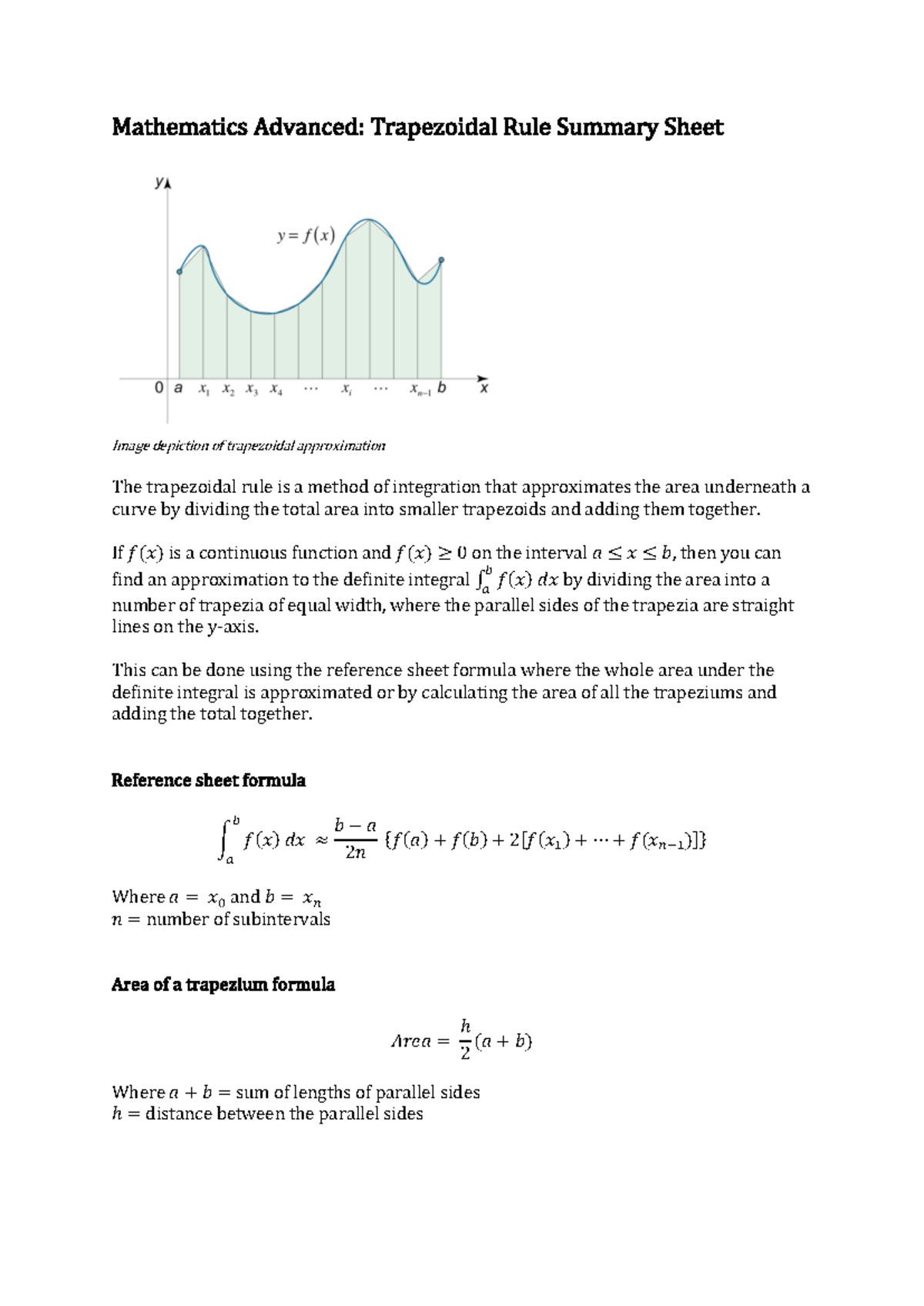 Mathematics Advanced: Trapezoidal Rule Summary Sheet - Studocu
