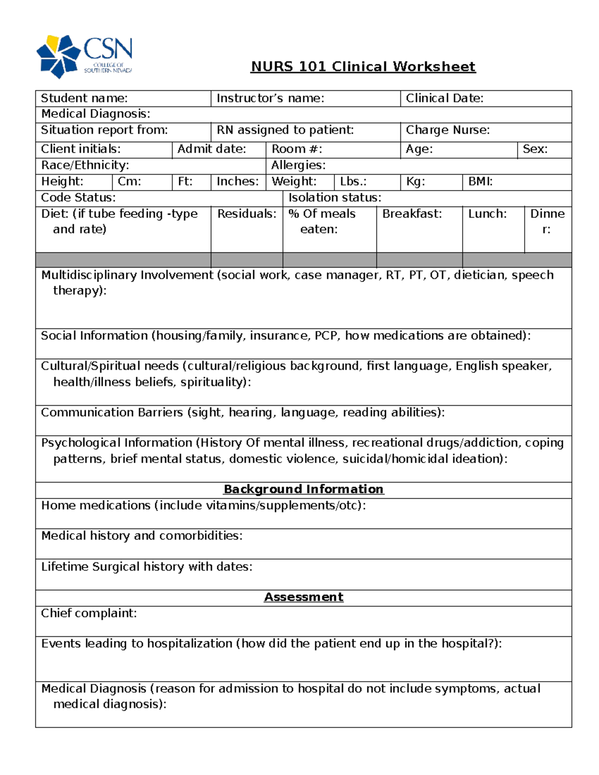 NURS 101 Clinical Worksheet: Patient Assessment & Care Plan (2024-2025 ...