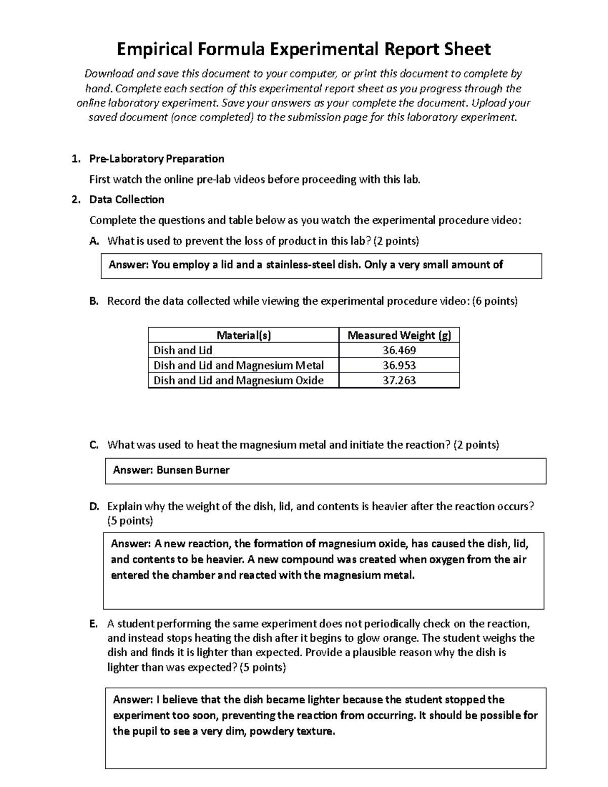 Empirical Formula Lab Report Sheet (Chem 101) - Studocu