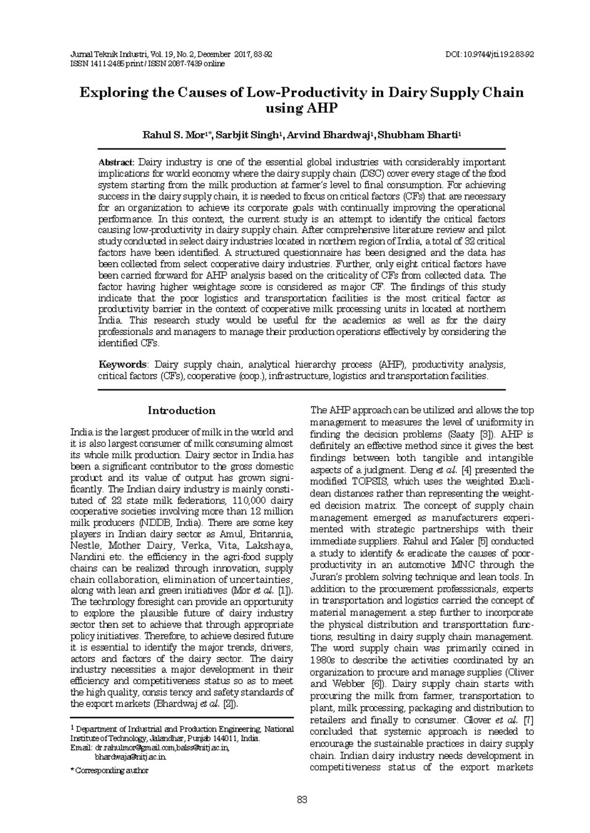 Exploring Critical Factors in Dairy Supply Chain Using AHP - JTI 19(2 ...