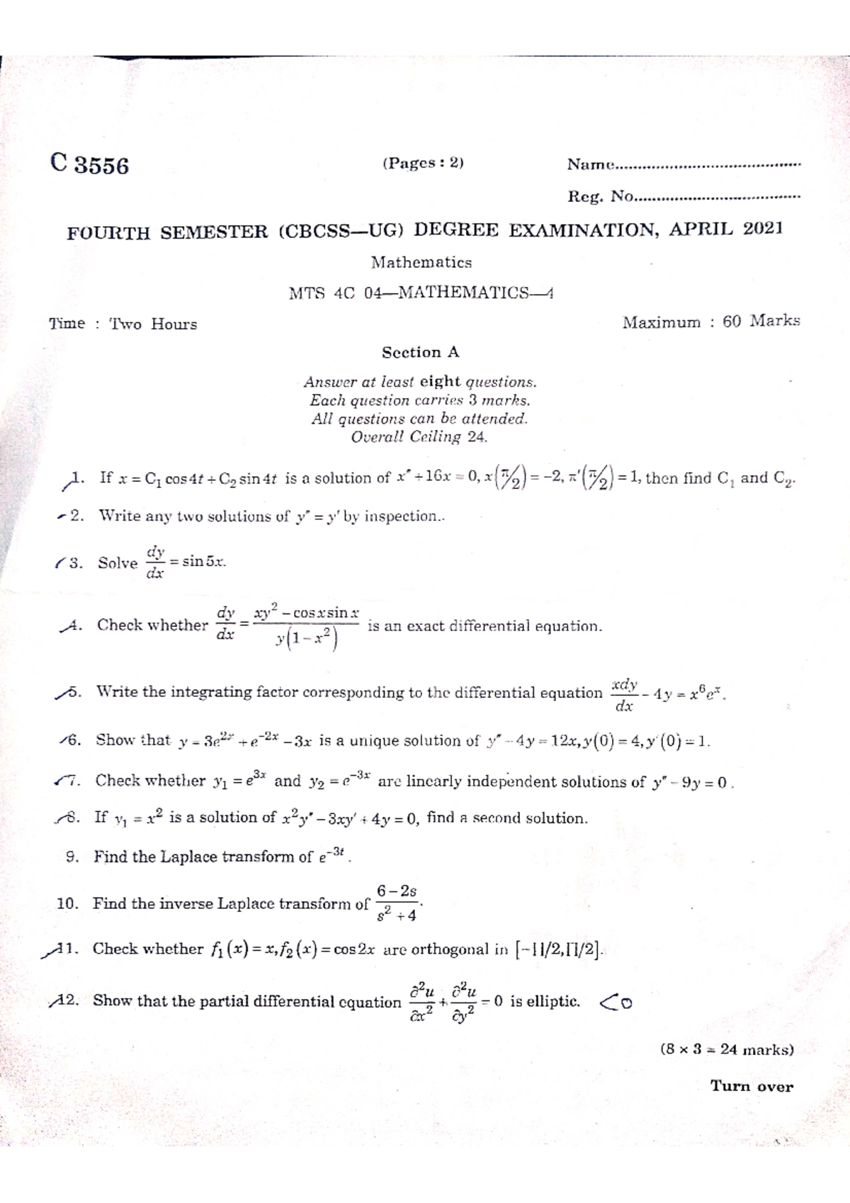 4th Semester Mathematics Exam Paper for Students - Studocu
