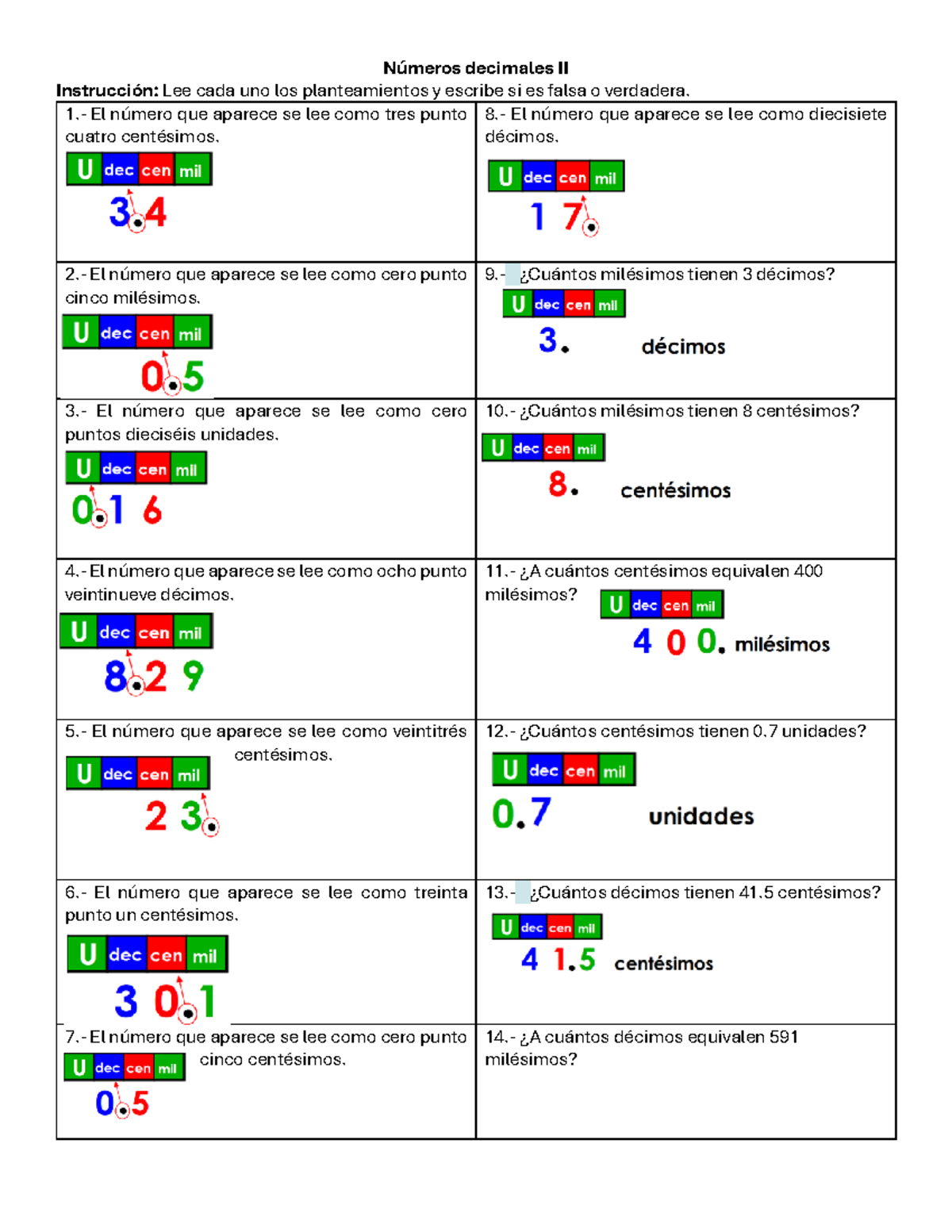 Números Decimales II: Verdadero o Falso - Ejercicios y Lectura - Studocu