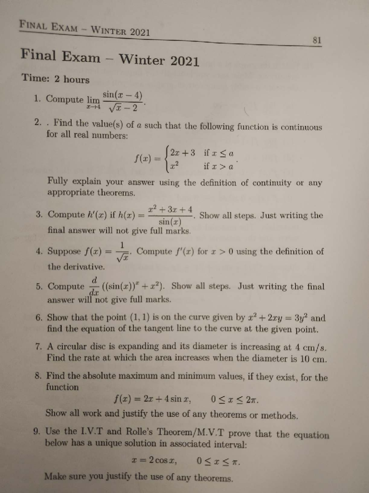 FINAL EXAM MATH 1500: WINTER 2021 PAST EXAM SOLUTIONS - Studocu