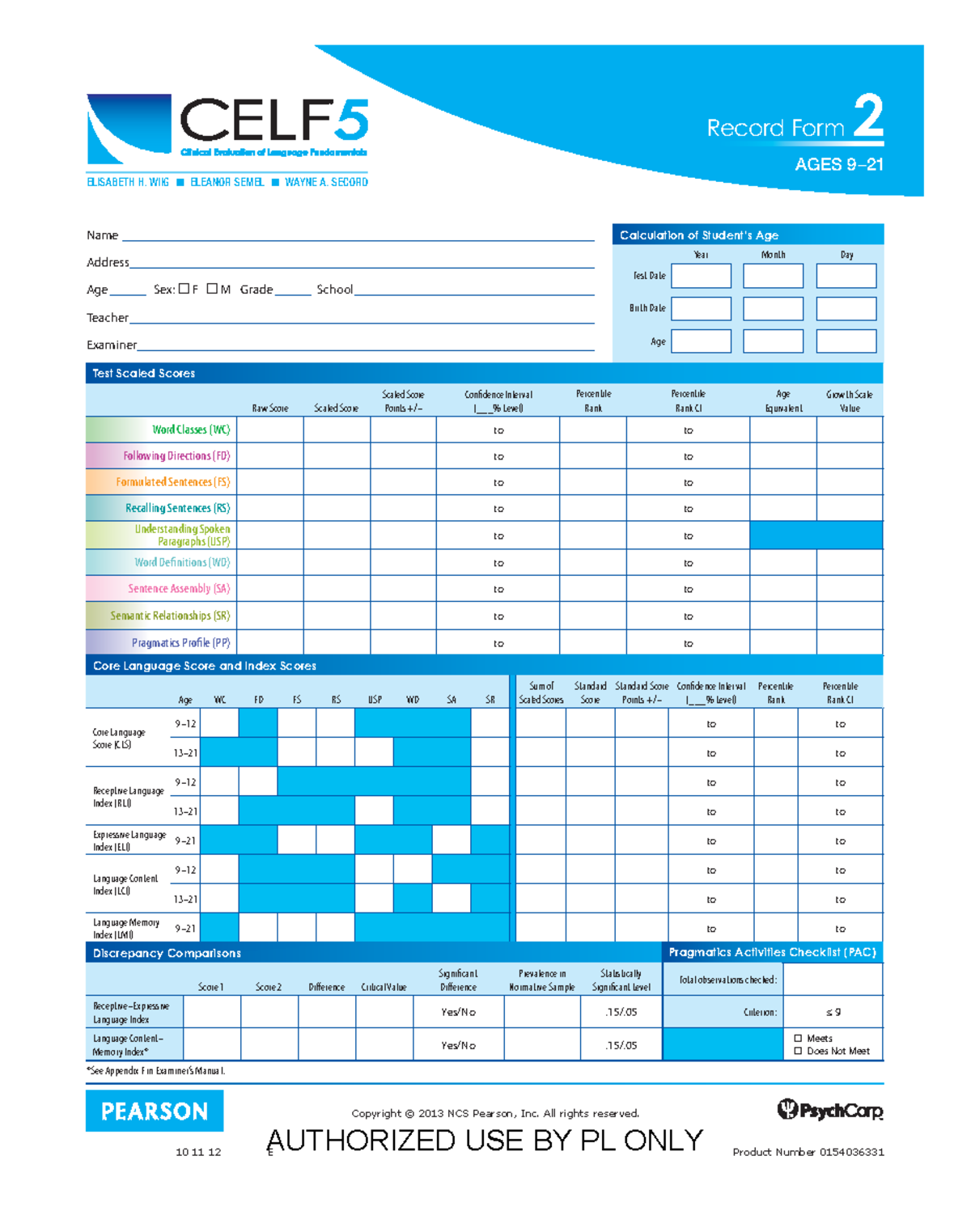 CELF 5 Record Form 2 (Ages 9-21): Test Response Sheet - Studocu