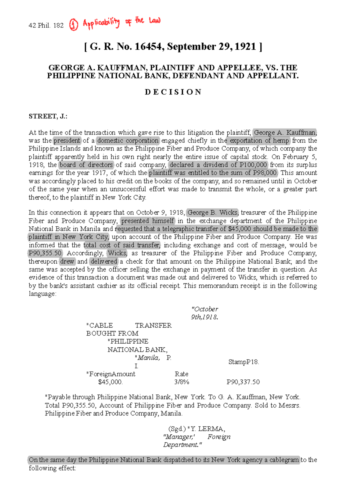 Kauffman v PNB - Case Analysis (G.R. No. 16454) - 1921 Decision - Studocu