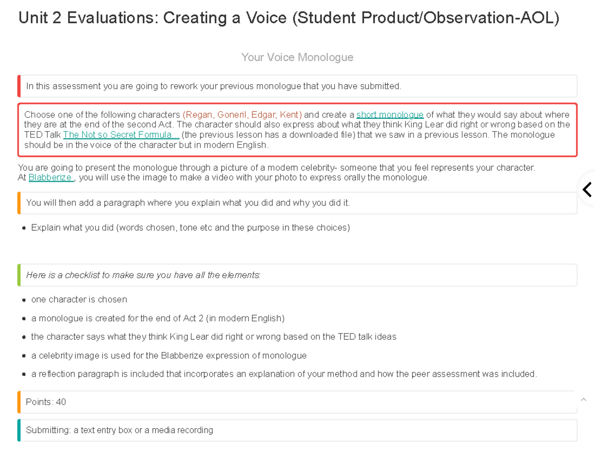 ENG4U Unit 2 Final Exam: Monologue Creation and Analysis - Studocu