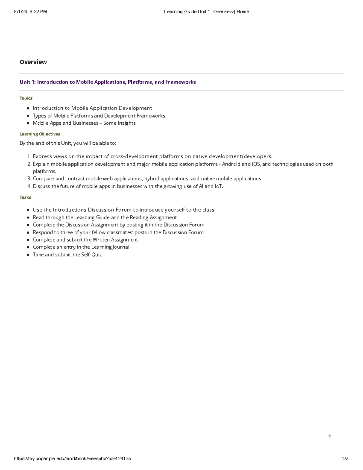 Learning Guide UNIT 1: Intro to Mobile Apps & Frameworks - Studocu