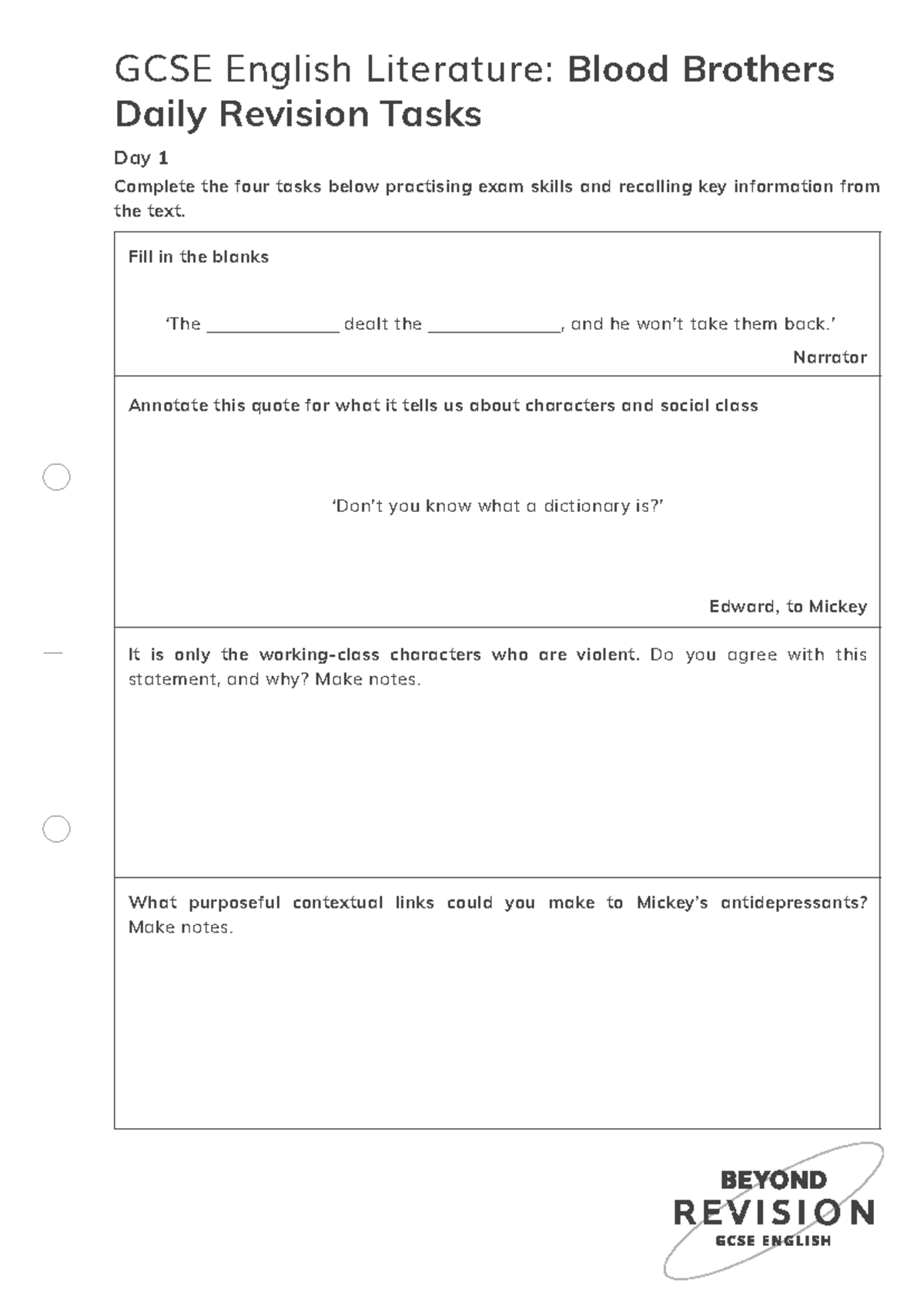 GCSE English Literature: Blood Brothers Daily Revision Tasks - Studocu