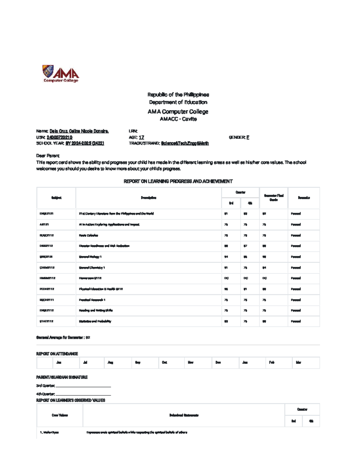Grade Slip for SHS - SY 2422 - Dela Cruz, Celine Nicole - Studocu