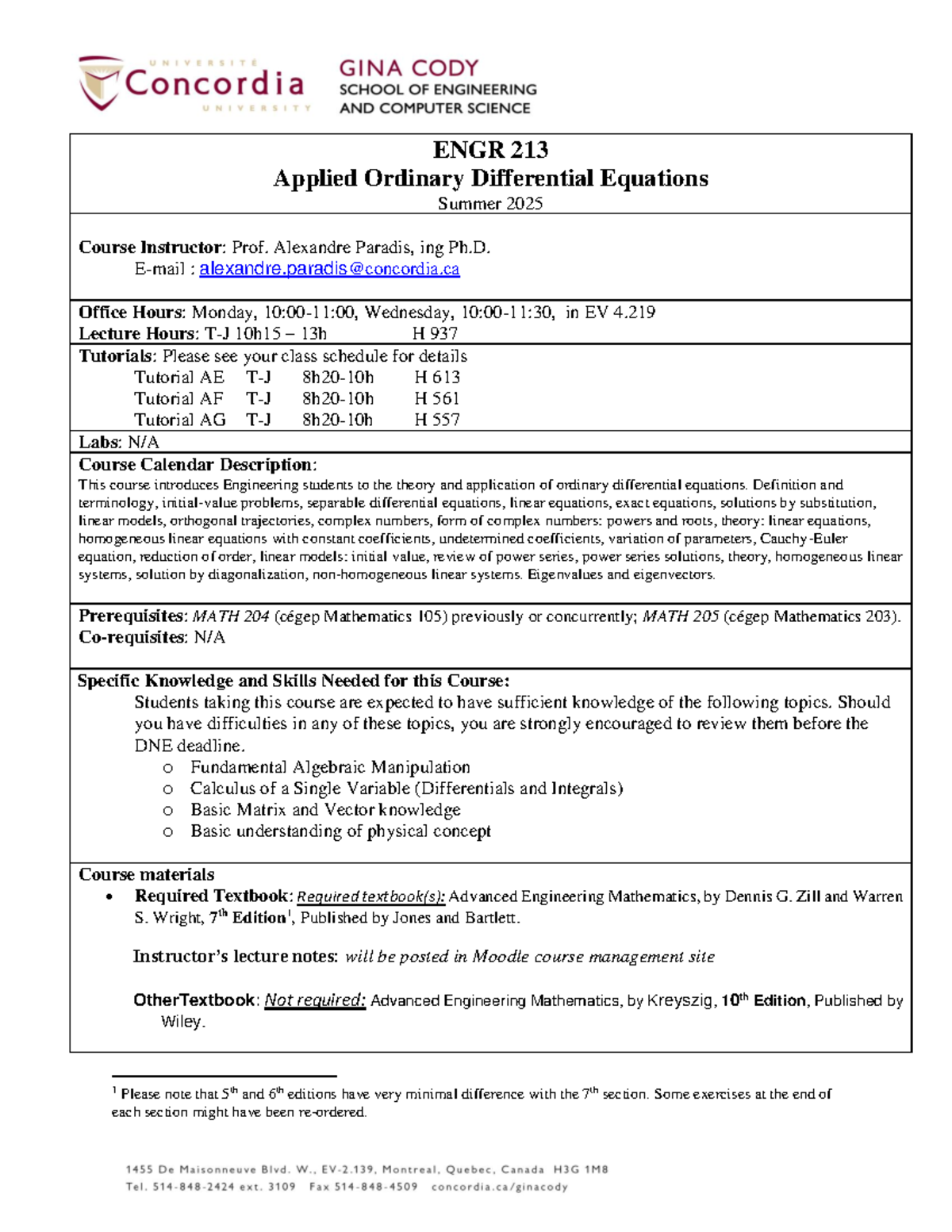 ENGR 213 Course Outline: Applied Ordinary Differential Equations Summer ...