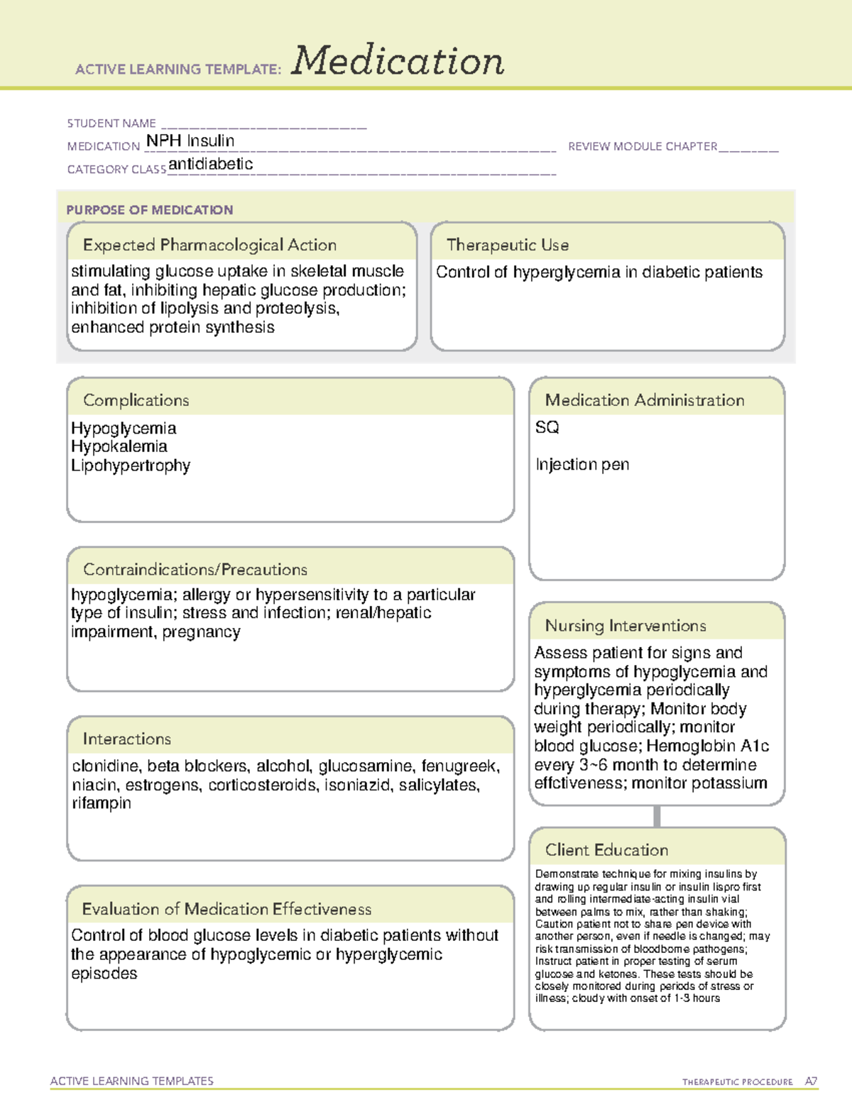 NPH Insulin Medication Template: Active Learning Framework - Studocu
