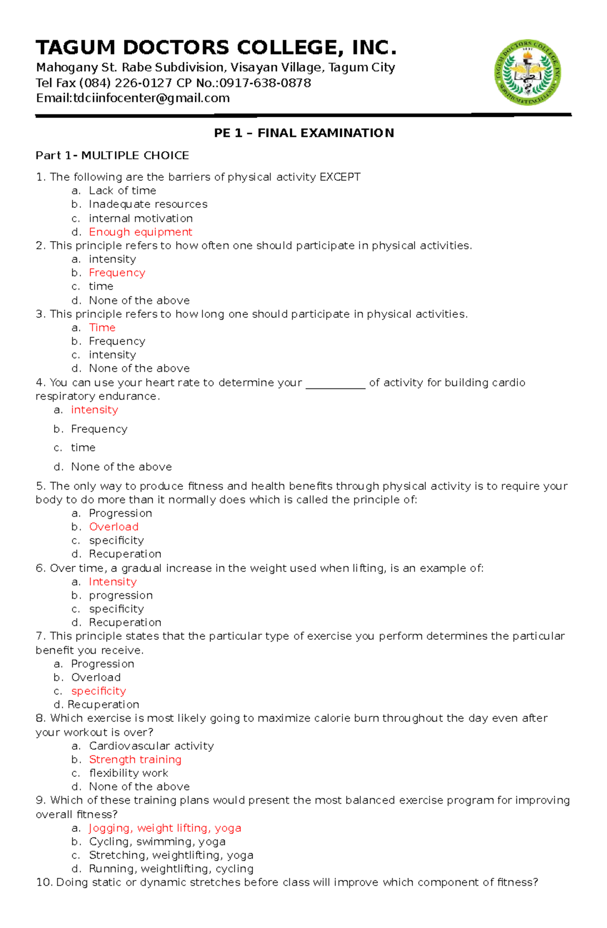 Final Exam - PE 1: Comprehensive Questions and Answers Guide - Studocu