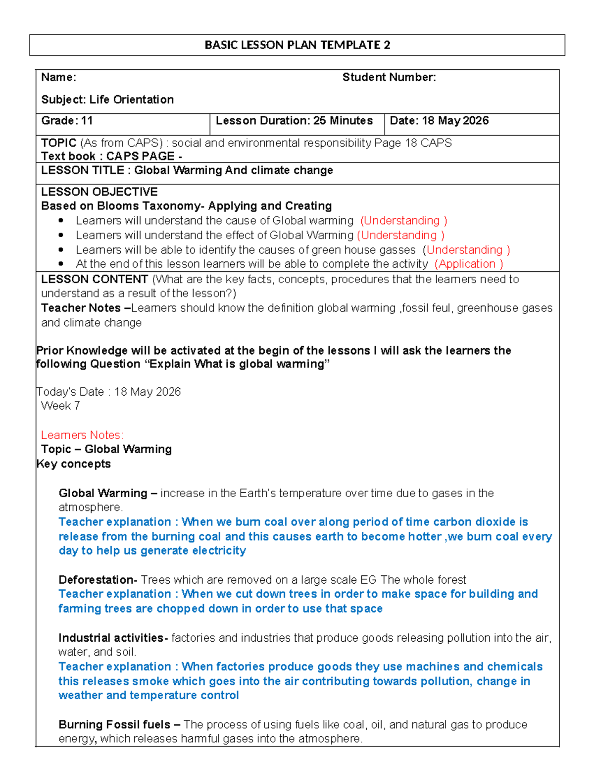 BASIC LESSON PLAN: Global Warming & Climate Change (LO11) - Studocu