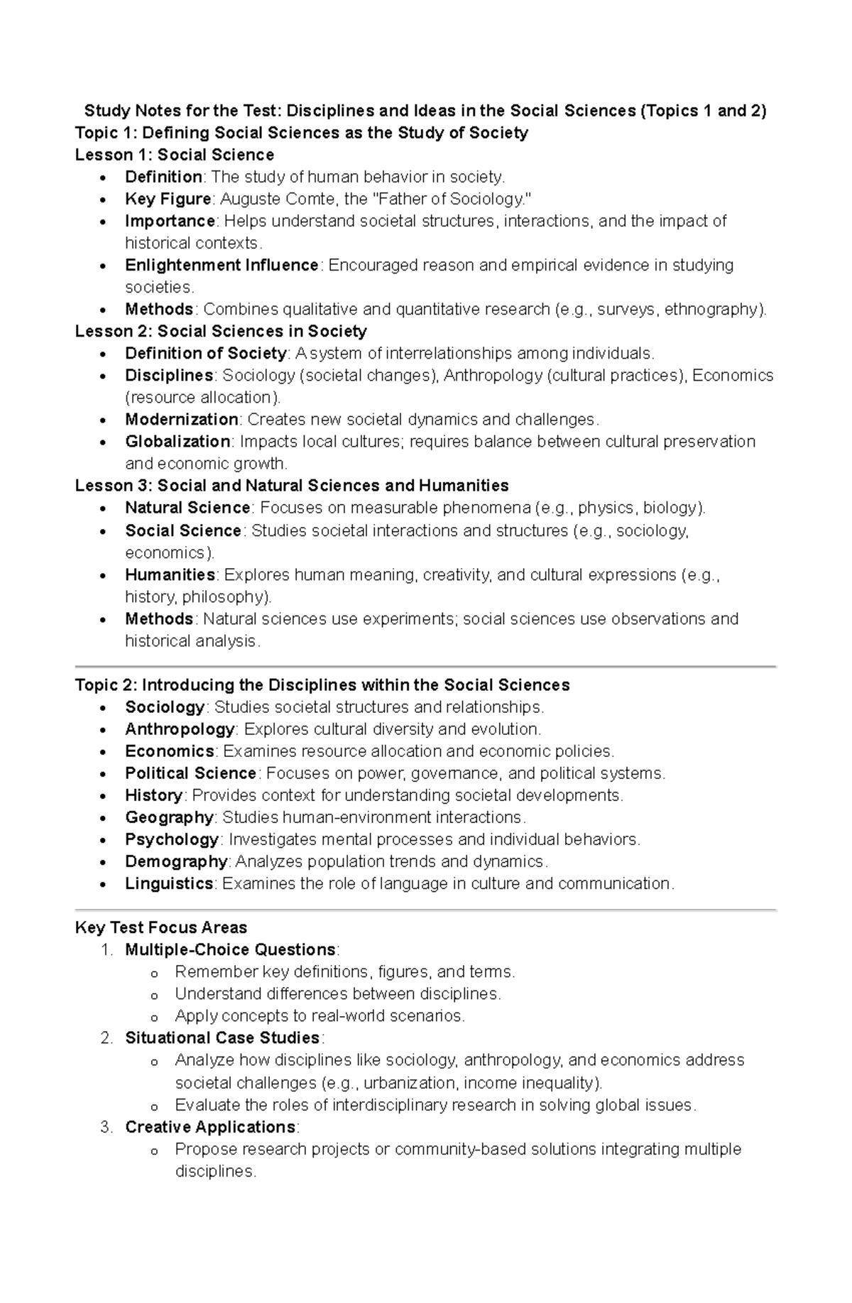 Study Notes for Summative Test: Social Sciences Topics 1 & 2 - Studocu