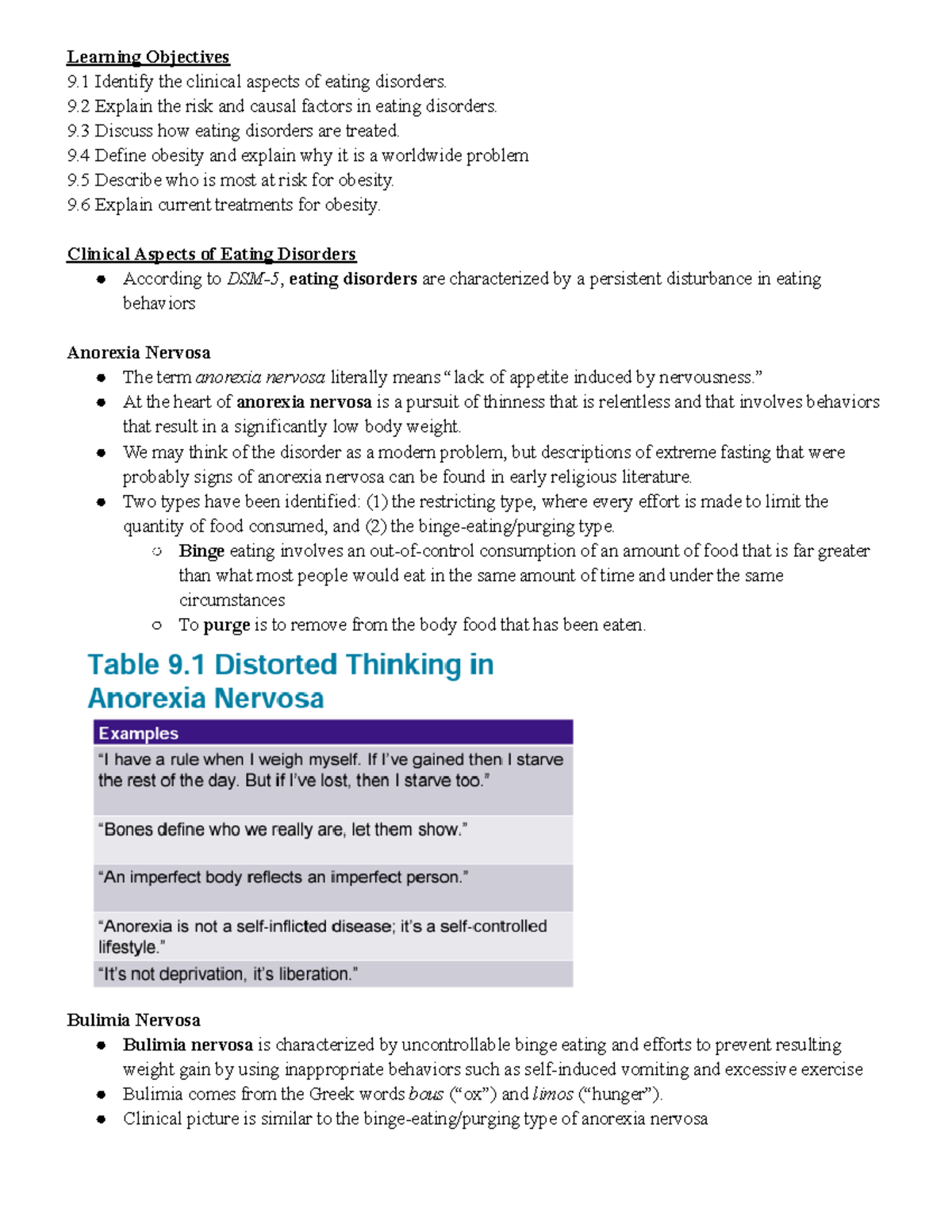 PSYC430 Chapter 9 - Eating Disorders and Obesity - Learning Objectives ...