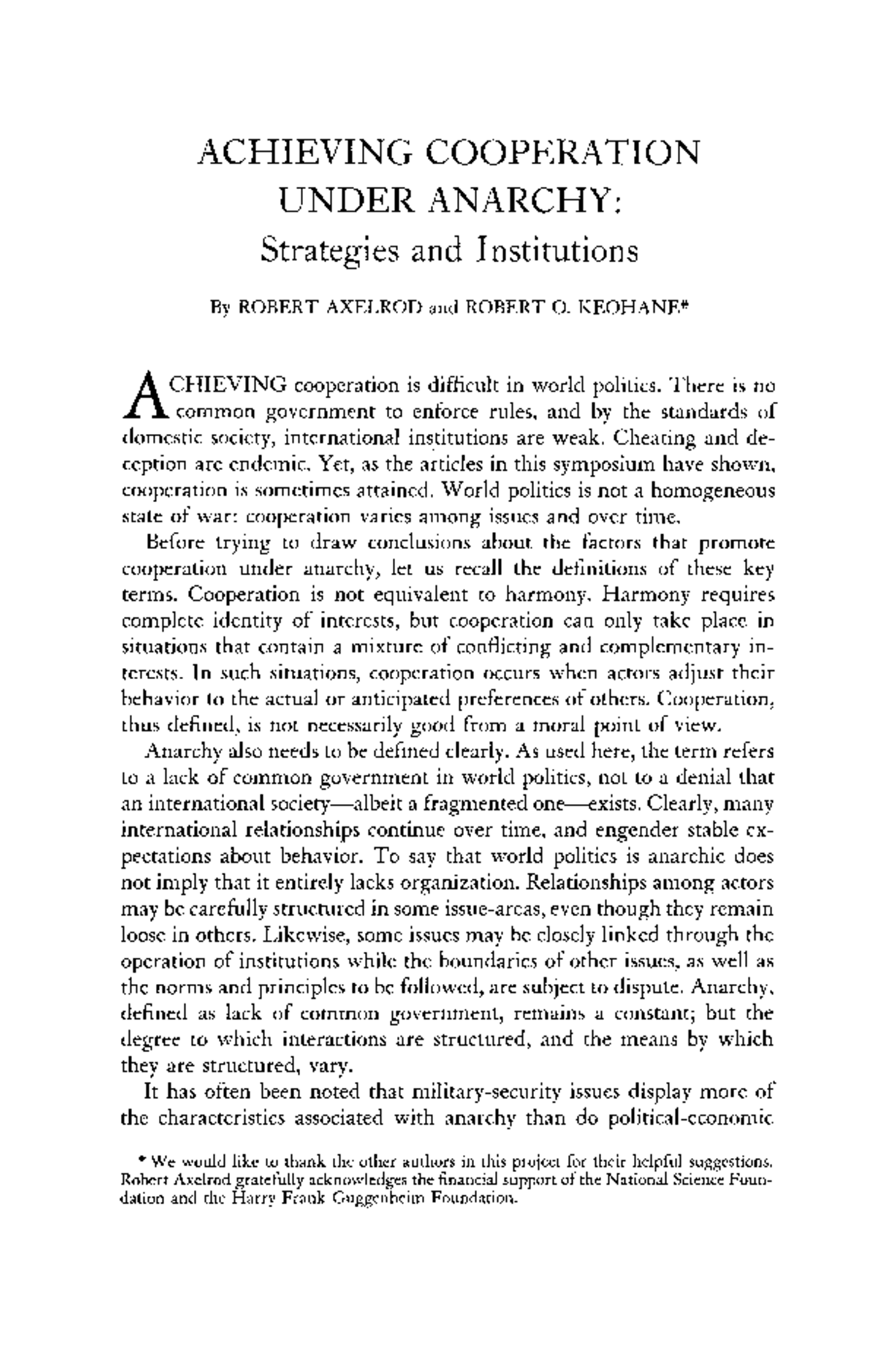 ACHIEVING COOPERATION UNDER ANARCHY: Strategies and Institutions ...