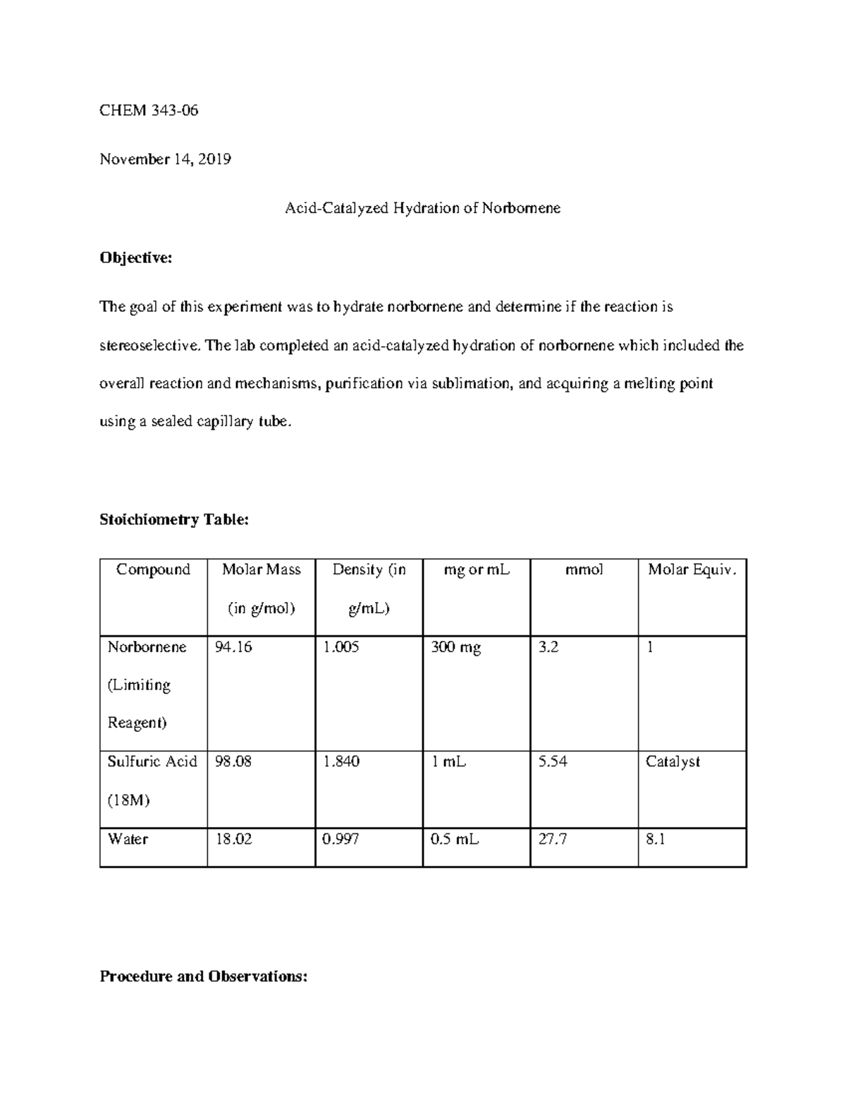 CHEM 343 - Final Lab Report: Acid-Catalyzed Hydration of Norbornene ...