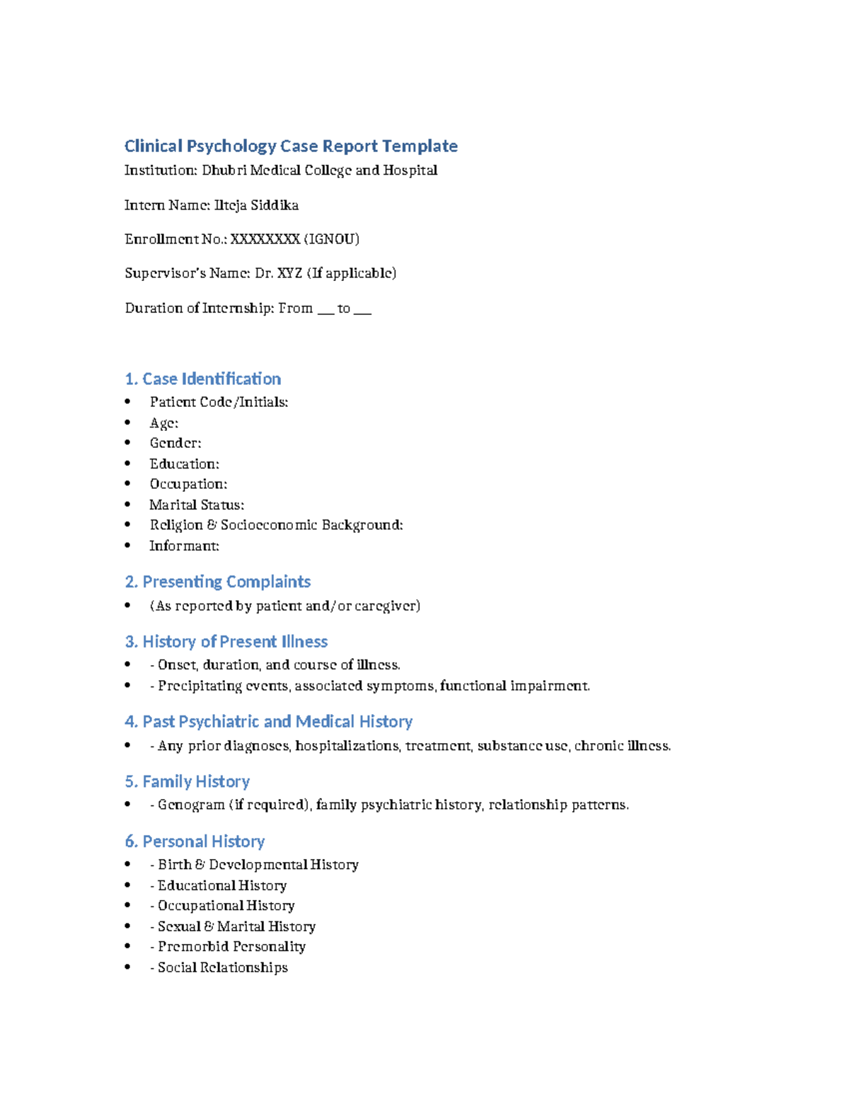 Clinical Psychology Case Report Template (IGNOU) - Studocu