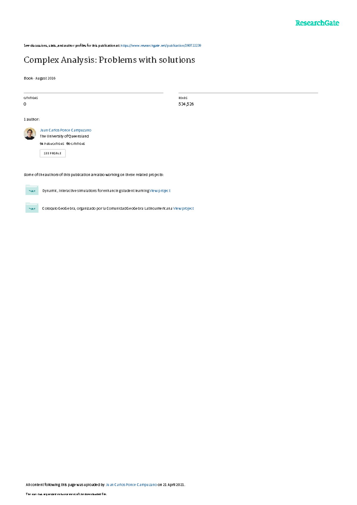 Complex Analysis problems with solutions - See discussions, stats, and author profiles for this ...