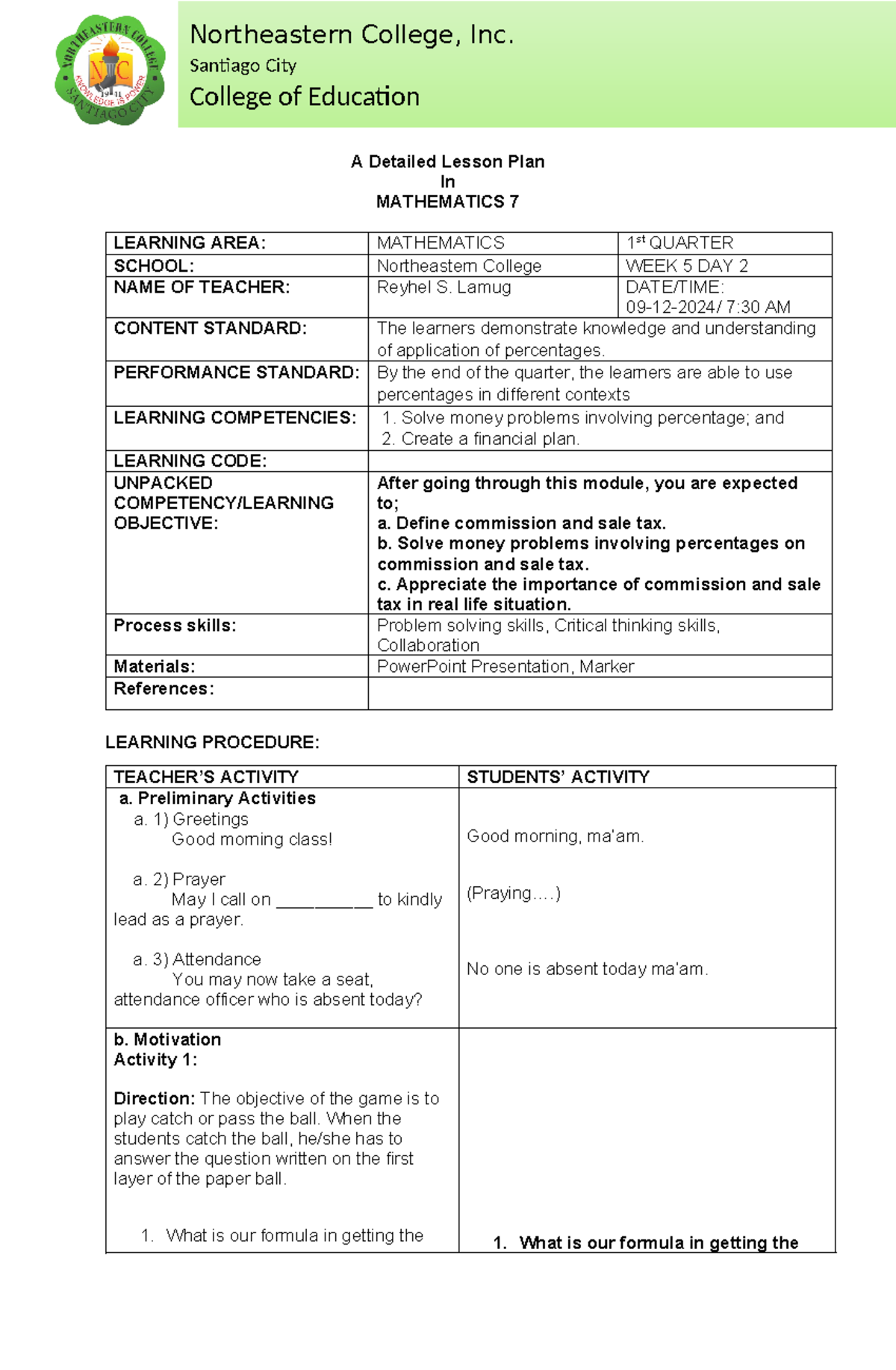 Dlp (percentage) - Santiago City College of Education A Detailed Lesson ...