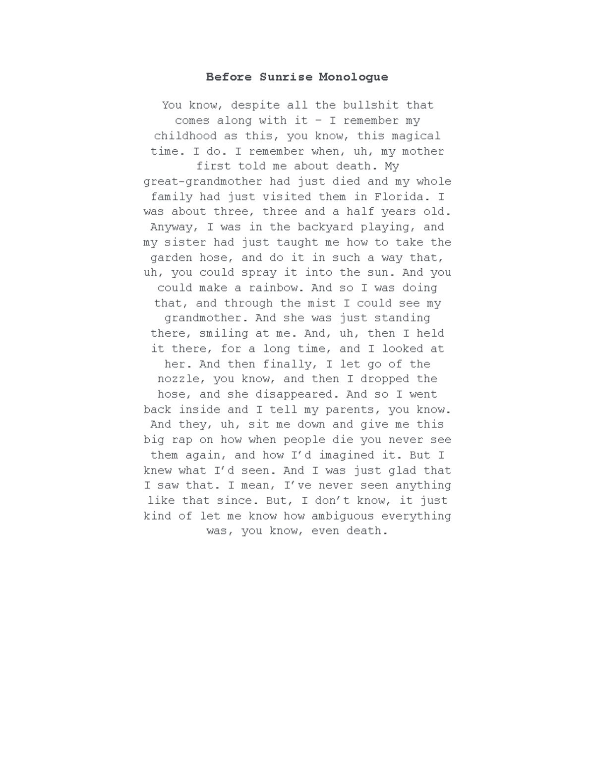 Before Sunrise: Jesse's Reflective Monologue on Childhood and Death ...